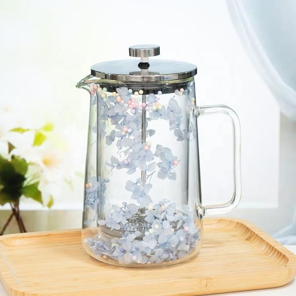 Quality Modern Flower Glass French Press Double Layer Heat Resistant Coffee Tea Brewer for sale