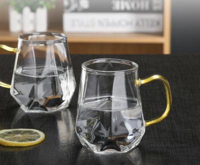 China BPA Free Single Wall Glass Mug Diamond Shape Borosilicate Glass Cup With Handle for sale