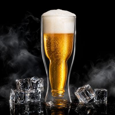China Unique Design Double Wall Glass Mug Beer Bottle Shape Borosilicate Glass Cup for sale