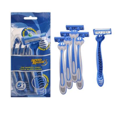 China 5pcs/bag sharp and safety triple three 3 blade disposable razor with TPR handle shaving razor blade for man and lady for sale