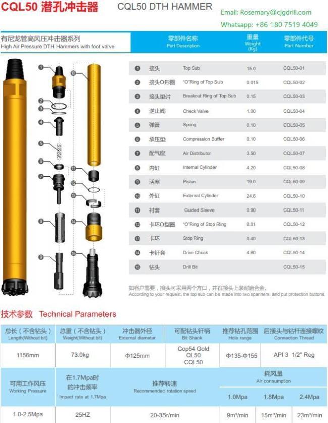 Down The Hole 5inch DTH Hammer with Foot Valve for Mining Compatible with Bit Shank Ql50 / Cop54 Gold / Cql50