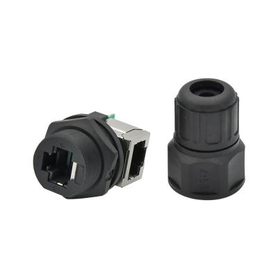 China Right Angle Waterproof Rj45 Ethernet Connector Shielded Screw Lock Panel Mount for sale