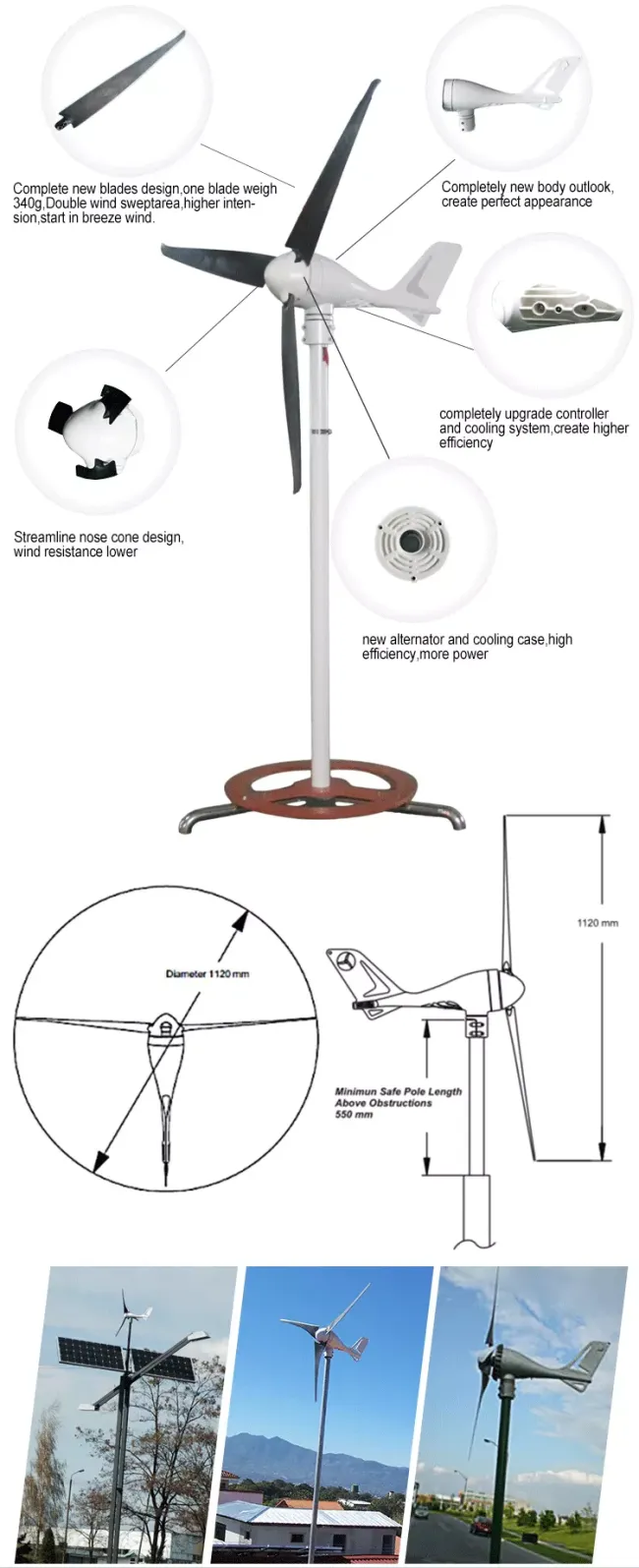 S-700 Wind Turbine Motor Generator Marine Type Windmill 3 CFRP Blades with External Type WindSolar Hybrid Controller