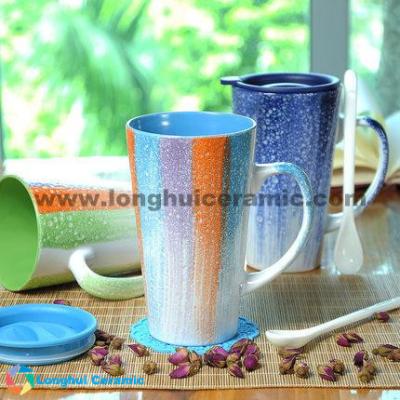 China Large glaze brushed ceramic couple coffee mug with spoon for sale