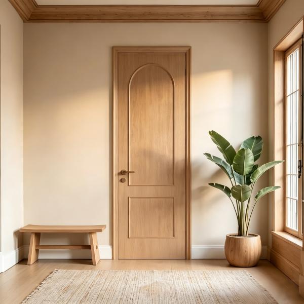 Quality Curved Recessed Panel 6 Panel Solid Wood Entrance Interior Door Natural Vertical Fluted Light Oak Dark Walnut Easy-Clean for sale