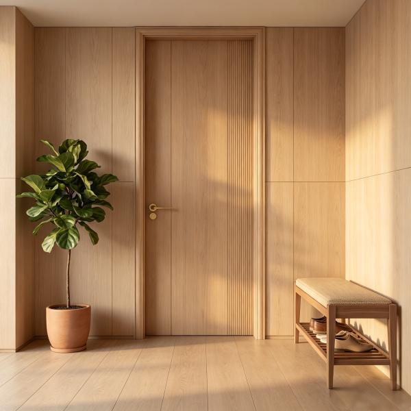Quality Organic Modern Solid Wood Bedroom Door Vertical Fluted Raised Panel Wood Slab Silent Lock Noise-Reducing Light Oak Homes for sale