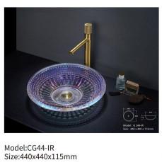 China Bathroom Above Counter Crystal Glass Wc Wash Basin Colorful Round Table Top for sale
