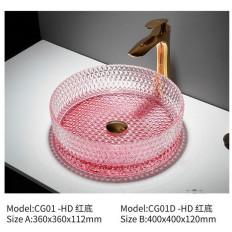 China Italy Design Crystal Glass Wash Basin Pink Color Vessel Shape Above Counter for sale