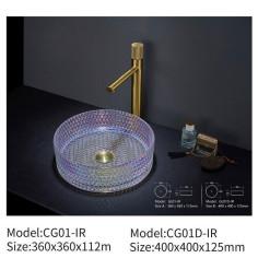 China Diamond Clear Gold Round Bathroom Glass Basin Counter Top With Mirror Polished Rim for sale