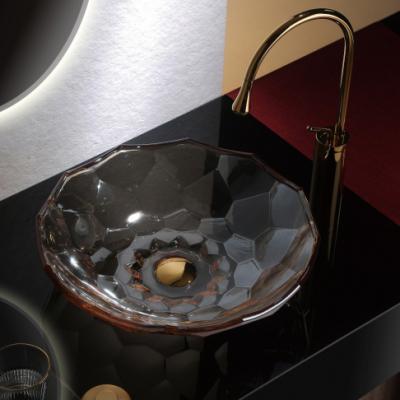 China Modern Transparent Stand-Alone Glass Sink for Wash Basin Bathroom Designs Counter Vanity Basin Drainer for sale
