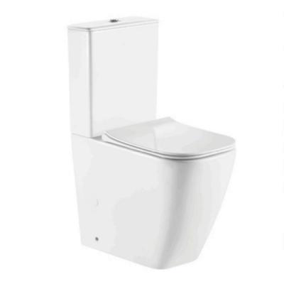 China Rectangular Bowl Rimless Close Coupled WC Toilet Pan Two Piece Toilet Bowl with Soft Close Seat Cover and Thin Tank Cover for Russia Market for sale