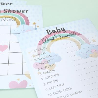 Cina 100 ospiti doppio lato stampato 5*7 pollici 4 Giochi Neutrali di genere Giochi di festa baby shower in vendita