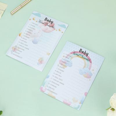 Cina 100 ospiti doppio lato stampato 5*7 pollici 4 Giochi Neutrali di genere Giochi di festa baby shower in vendita