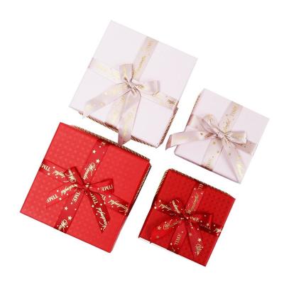 China Custom Logo Card Small Favors Red White Jewelry Gift Box with Ribbon Bow and Handle for sale