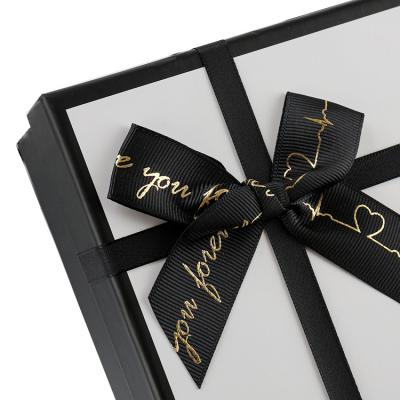 China Customized Die Cut Black White Paper Gift Lid Box With Custom Logo Printing And Ribbon for sale