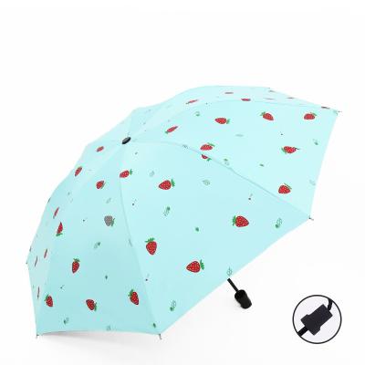 China Ladies Three Fold Blue Umbrella with Strawberry Dot Pattern All-Season Manual Open for sale