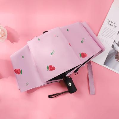China Ladies Three Fold Blue Umbrella with Strawberry Dot Pattern All-Season Manual Open for sale