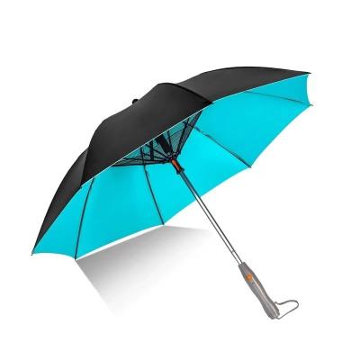 China Fiberglass Frame Auto Open USB Charge Fan Umbrella with Water Spray and UV Protection for sale