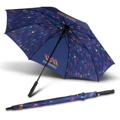 China Gepersonaliseerd logo Grote sublimatie golf rechte paraplu voor wind en regen bescherming Te koop