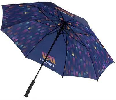 China Gepersonaliseerd logo Grote sublimatie golf rechte paraplu voor wind en regen bescherming Te koop