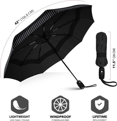 China End Advertising Three Fold Umbrella with Golden Metal Ribs and Automatic Folding for sale