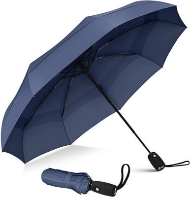 China End Advertising Three Fold Umbrella with Golden Metal Ribs and Automatic Folding for sale