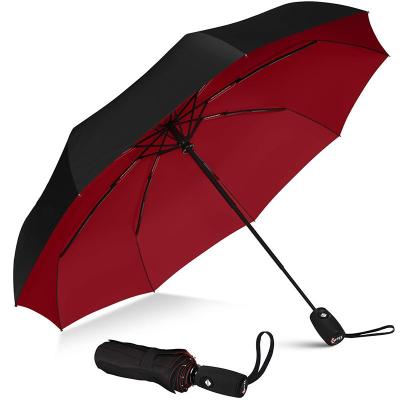 China End Advertising Three Fold Umbrella with Golden Metal Ribs and Automatic Folding for sale
