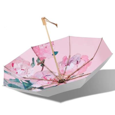 Cina Unico ombrello di protezione contro il sole e la pioggia a tre pieghe con disegno in gomma di titanio argento in vendita