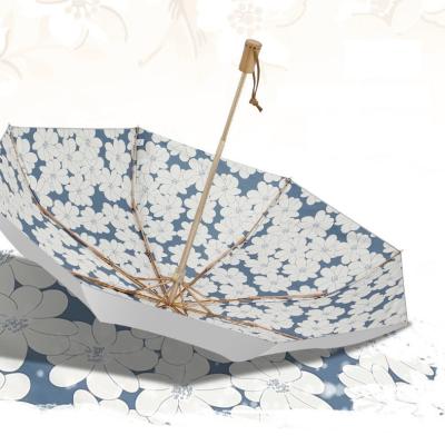 Cina Unico ombrello di protezione contro il sole e la pioggia a tre pieghe con disegno in gomma di titanio argento in vendita