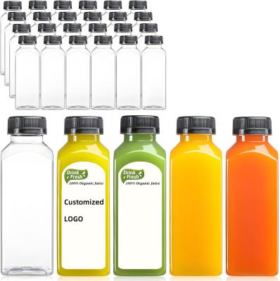 China Botella de jugo PET redonda francesa vacía de 12Oz 16Oz para café frío, botellas de jugo de plástico reutilizables con tapas en venta