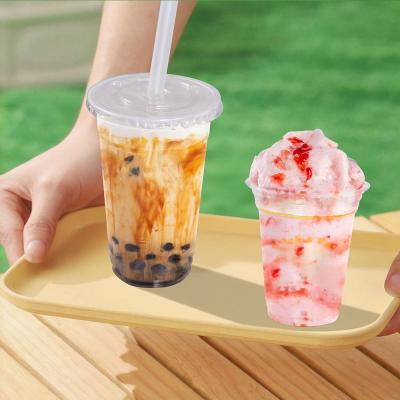 Cina Tazze trasparenti usa e getta con logo personalizzato Lesense con coperchio per bevande fredde, tè al latte, soda, tazze di plastica in materiale PET in vendita