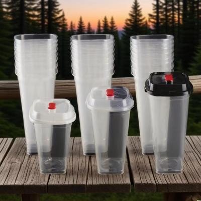 China Quadrilateral Cup Disposable Clear 16oz 20oz 32oz Square Plastic Hard PP Iced Coffee Cups with Lids for sale