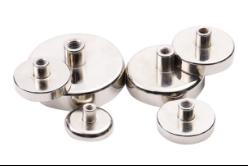 Customized neodymium pot magnet showing disc shape and nickel coating