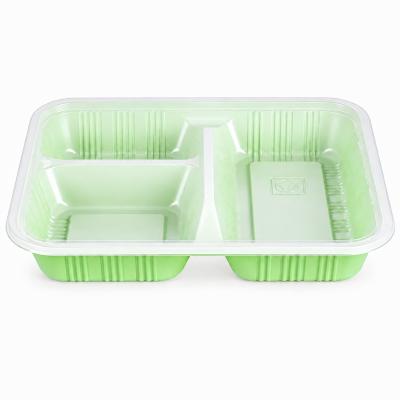 China Healthy Meals PP Three Compartment Lunch Box Green with Clear Lid for sale