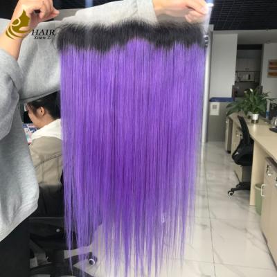 China T1b/Purple Virgin Human Straight Hair 13*6 Chiusura frontale a pizzo con pizzo marrone chiaro for sale