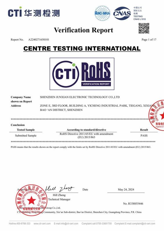 RoHS Verfication Report - Shenzhen Junxian Electronic Technology Co., Ltd.