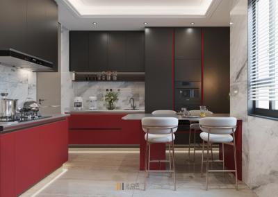 China Minimalist Line Galley Modern Kitchen Cabinet In Red And Black With Extended Countertop for sale