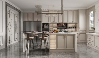 China Chique elegante beige moderne keukenkast met weelderige witte marmer roestvrij staal Te koop