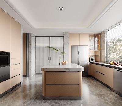 China Fadior Champagne Gold Stainless Steel Modern Kitchen Cabinets With Island And Premium Finishes Te koop