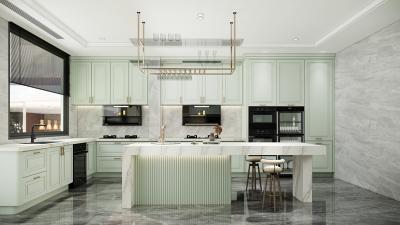 China Elegante U-vormige muntgroene moderne keukenkast met kwarts eiland Te koop