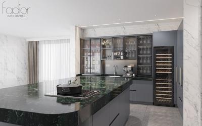 China Moderne U-vormige grijze keukenkas met marmeren afwerking Te koop