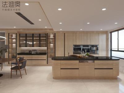 China Moderne kookkast van roestvrij staal met houtkorrel en gebogen eiland Te koop