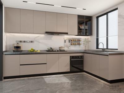 China L-Shaped Beige Modern Stainless Steel Kitchen Cabinets With Glass Doors Design for sale