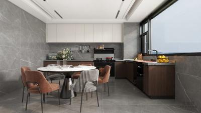 China Elegant houtkorrel afwerking L-vormige roestvrij staal keukenkas Te koop