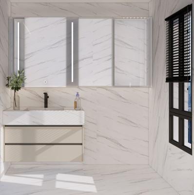 China Gold-Handle Stainless Steel Bathroom Vanity With Integrated Ceramic Basin for sale