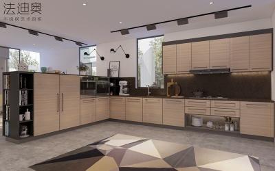China Wood Grain Stainless Steel L-Shaped Kitchen Cabinet With Black Handles for sale
