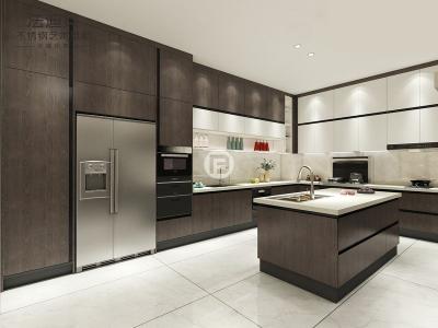 China Moderne donkere houten textuur Kookkasten van roestvrij staal met contrasterend kleurontwerp Te koop