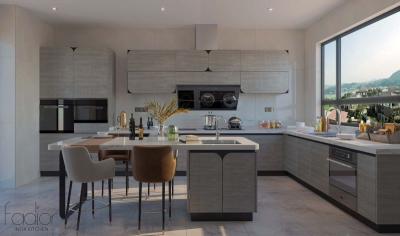 China Steentekstuur Roestvrij staal U-vormige keukenkas met gebogen deuren Te koop