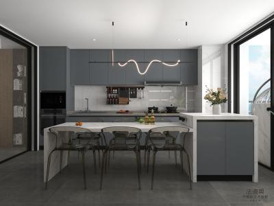 China Grijz-blauw roestvrij staal dubbele lineaire keukenkasten met wijnopslag en multifunctioneel eiland Te koop