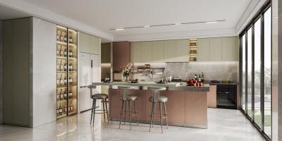 China Elegant keukenkastje van roestvrij staal met roosgoud en houtkorrel accenten Te koop